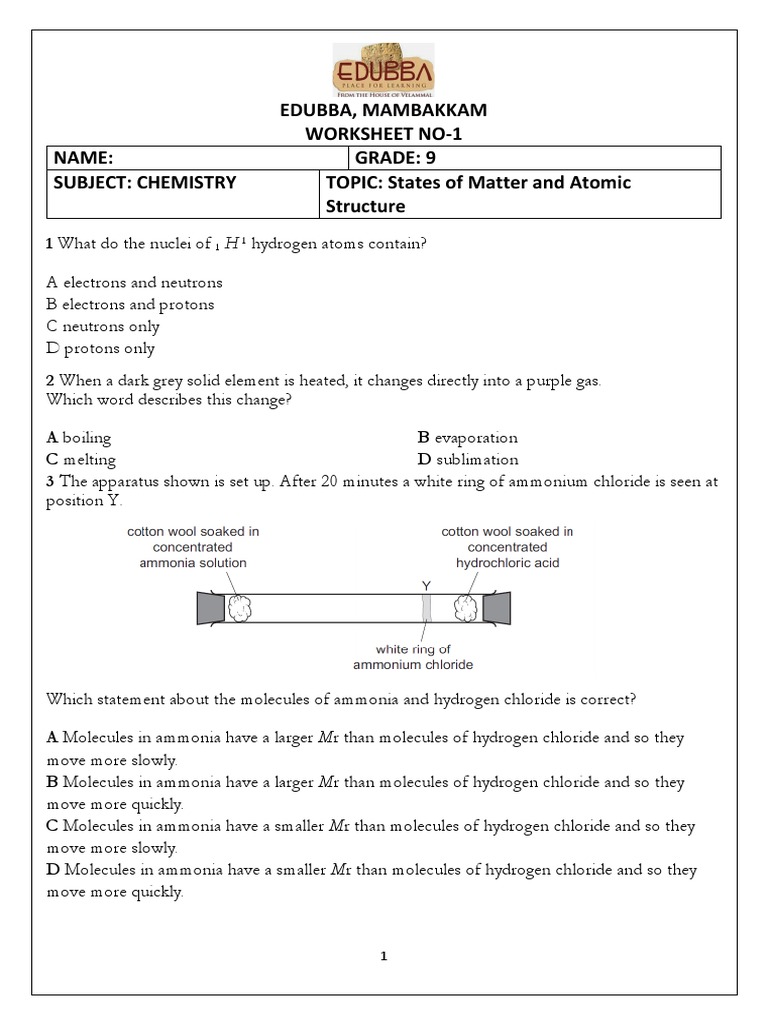 Work Sheet - 1 Grade 9 | PDF | Atoms | Molecules