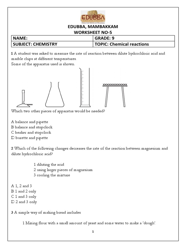 Work Sheet - 5 Grade 9 | PDF | Chemical Reactions | Reaction Rate