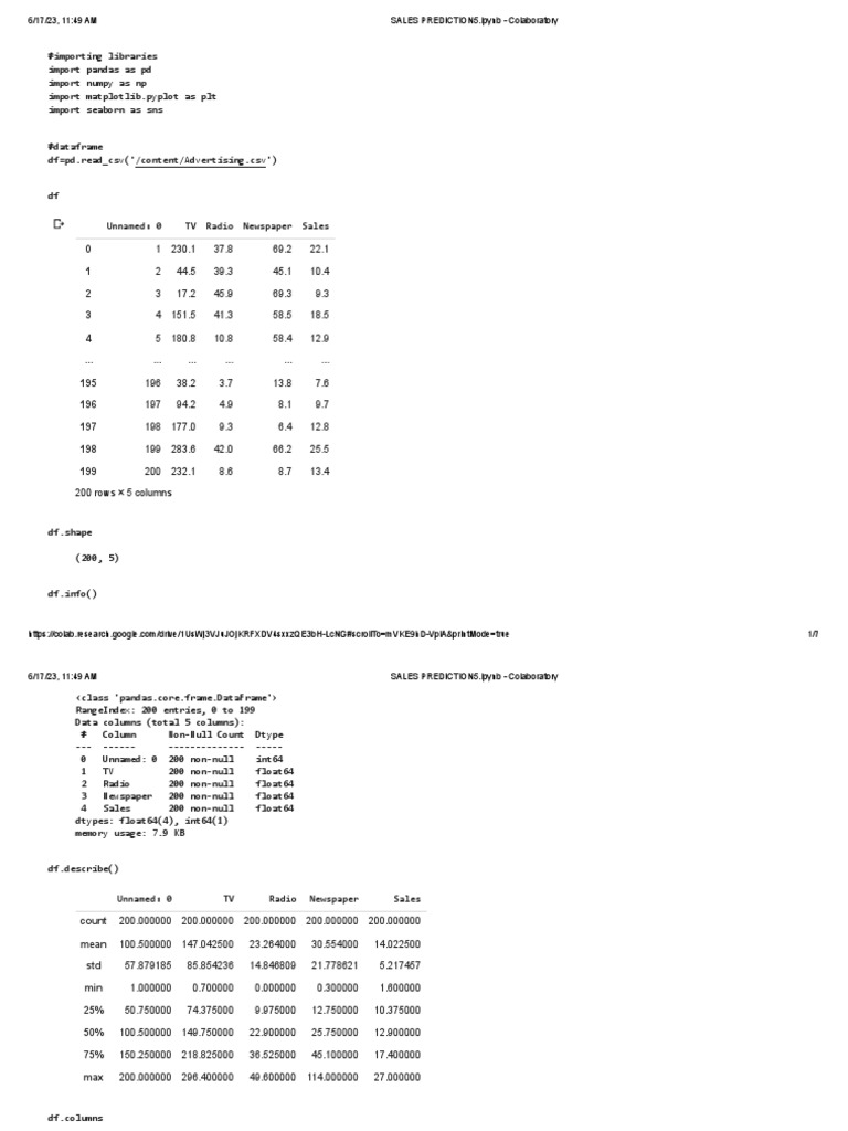 Sales Prediction Using Python Pdf Applied Mathematics Computing 3948
