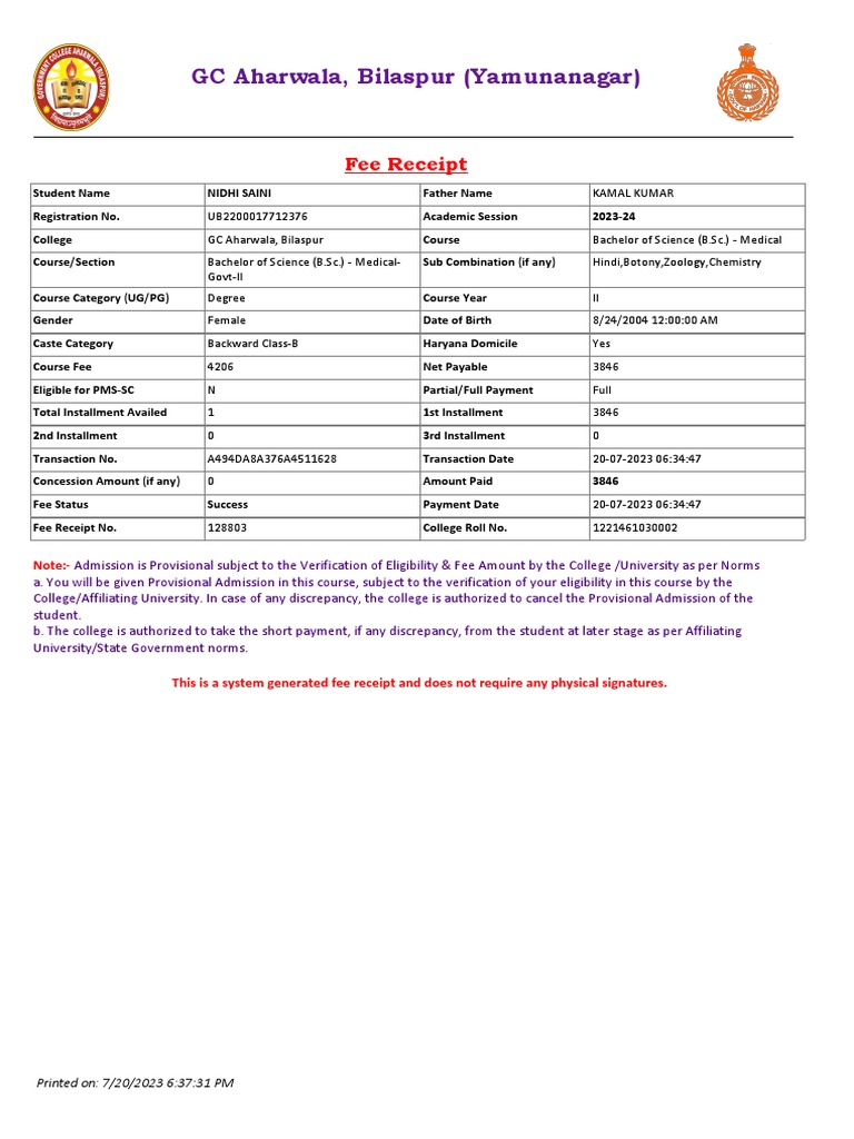 Fee Reciept | PDF | Receipt
