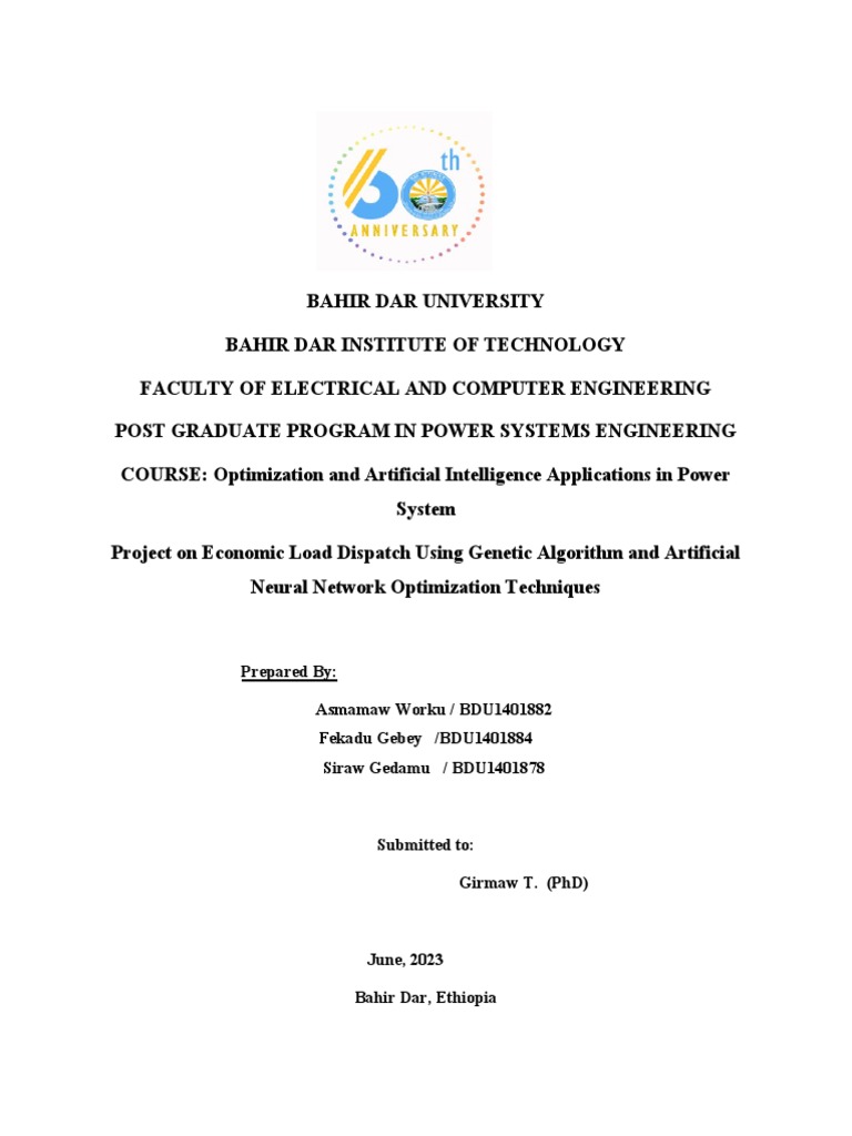 Project On Economic Load Dispatch Using Genetic Algorithm and Artificial Neural Network ...