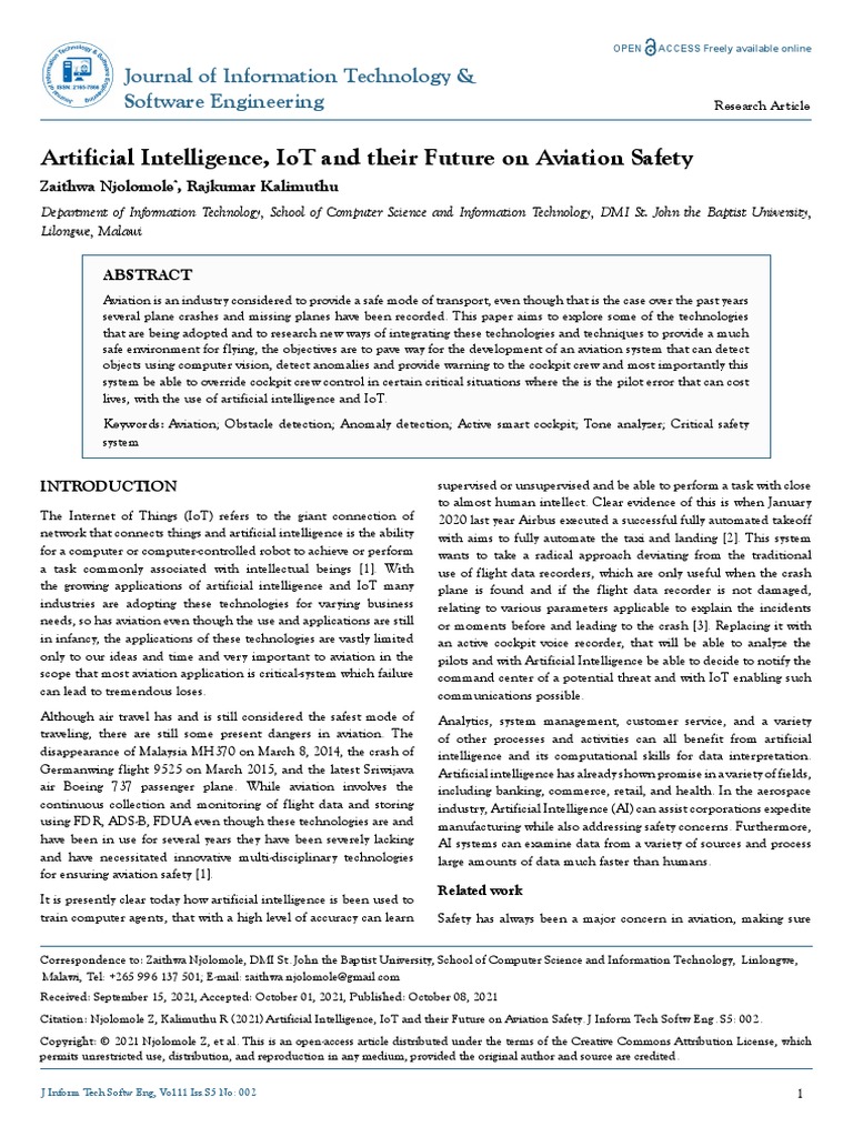 Artificial Intelligence Iot and Their Future On Aviation Safety | Download Free PDF | System ...