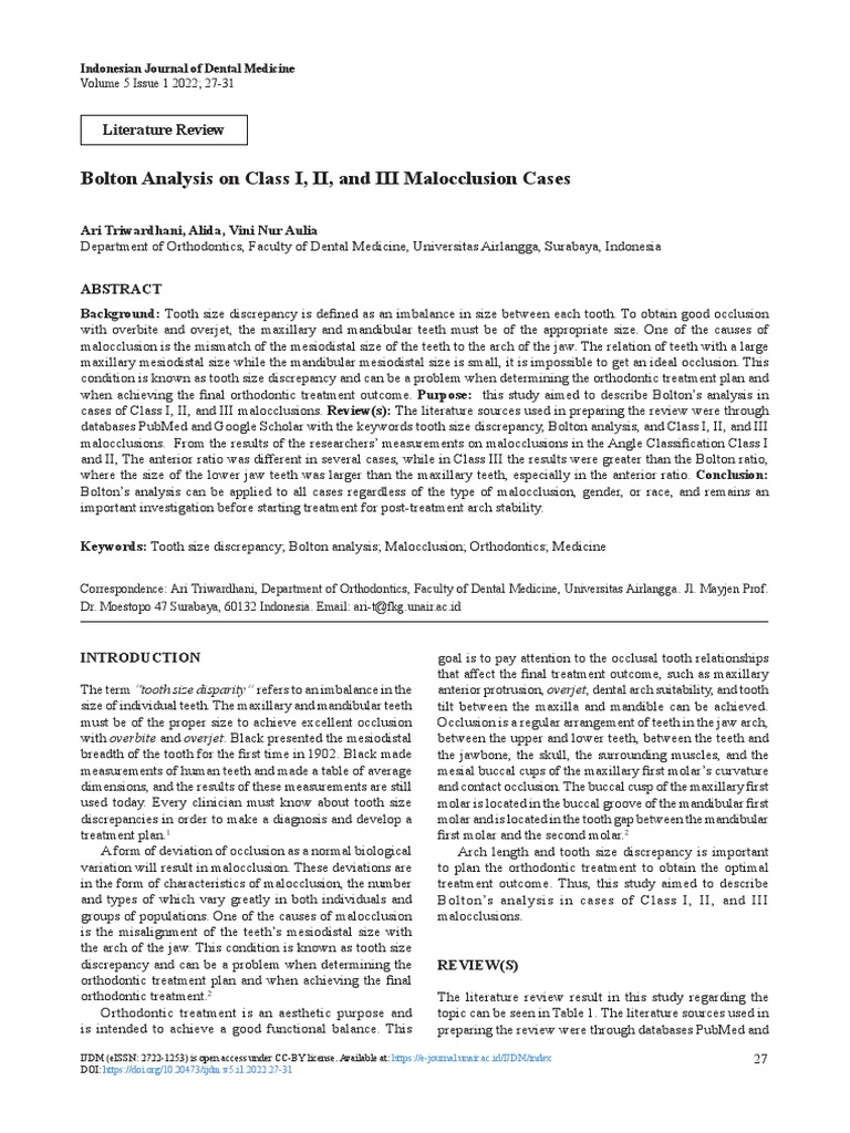 Bolton Analysis On Class I, II, and III Malocclusion Cases 27-31+IJDM+5 ...