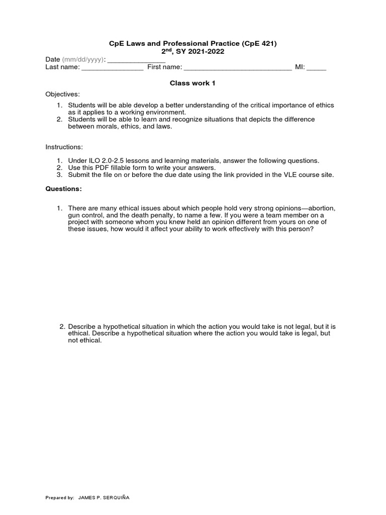 Classwork 1 - CpE Laws and Professional Practice | PDF