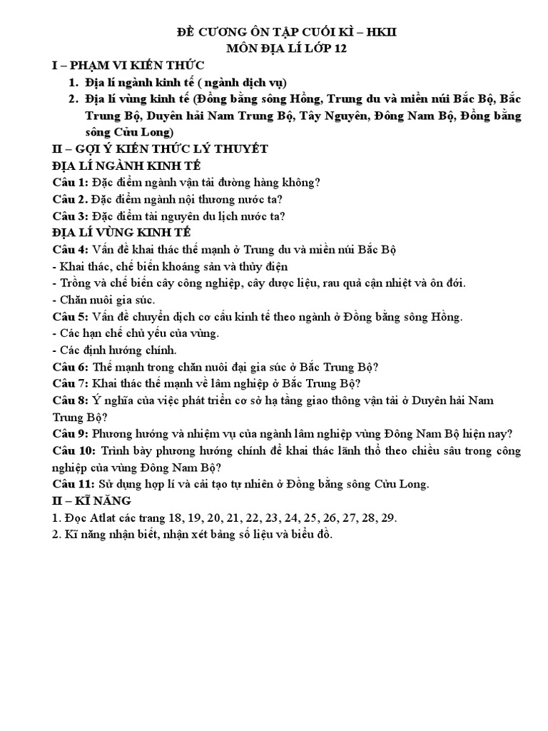 DE CUONG MÔN ĐỊA LÍ CUỐI KII 12 -HKII | PDF