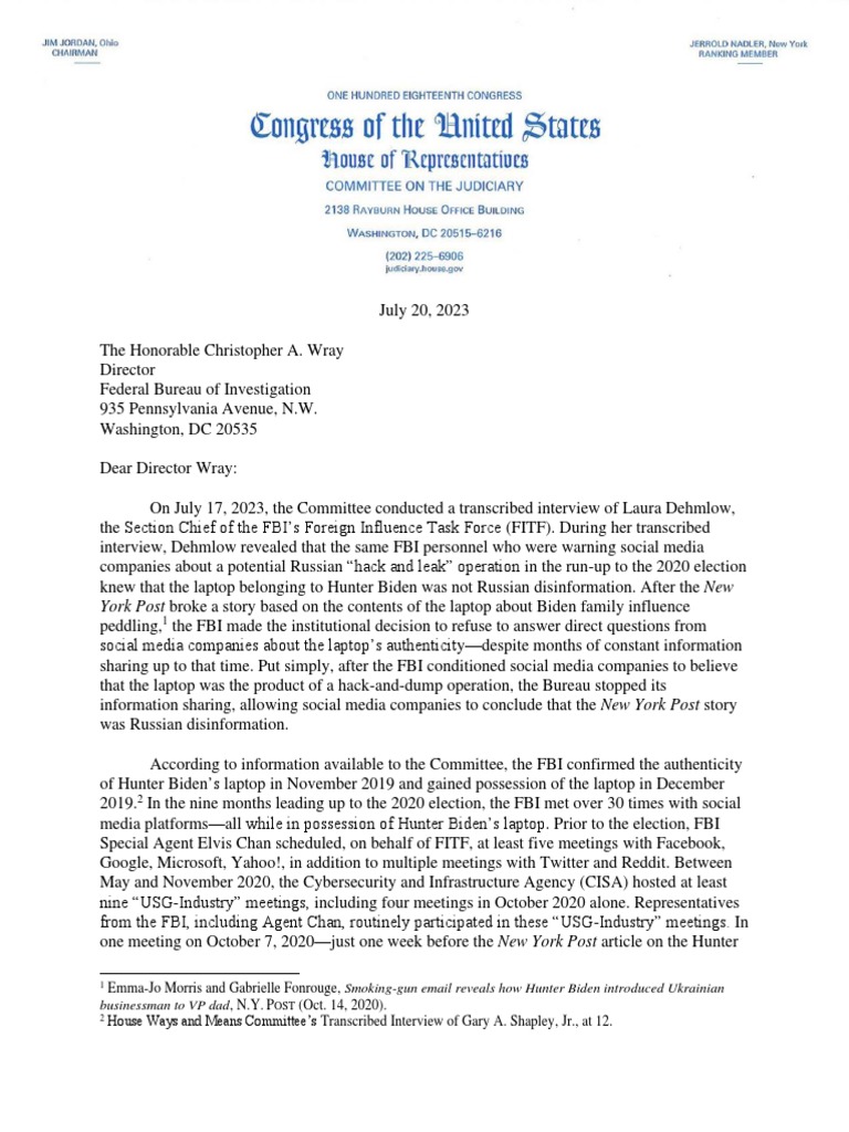 Jordan Letter To FBI | PDF | Federal Bureau Of Investigation | American ...