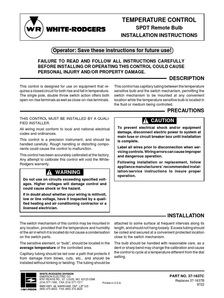 White Rodgers 1687 9 Refrigeration Temperature Controls Instruccion de ...