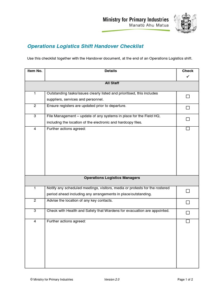Operations Logistics Shift Handover Checklist | PDF