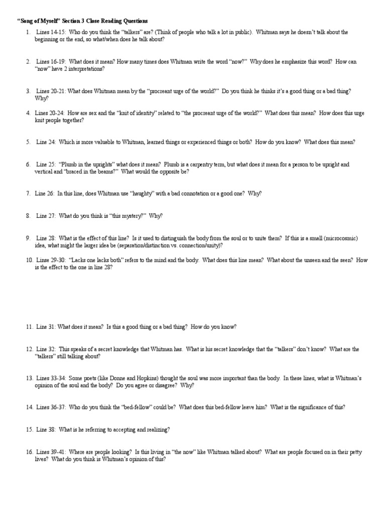 Song of Myself Section 3 Close Reading Questions | PDF | Cognitive Science | Cognition