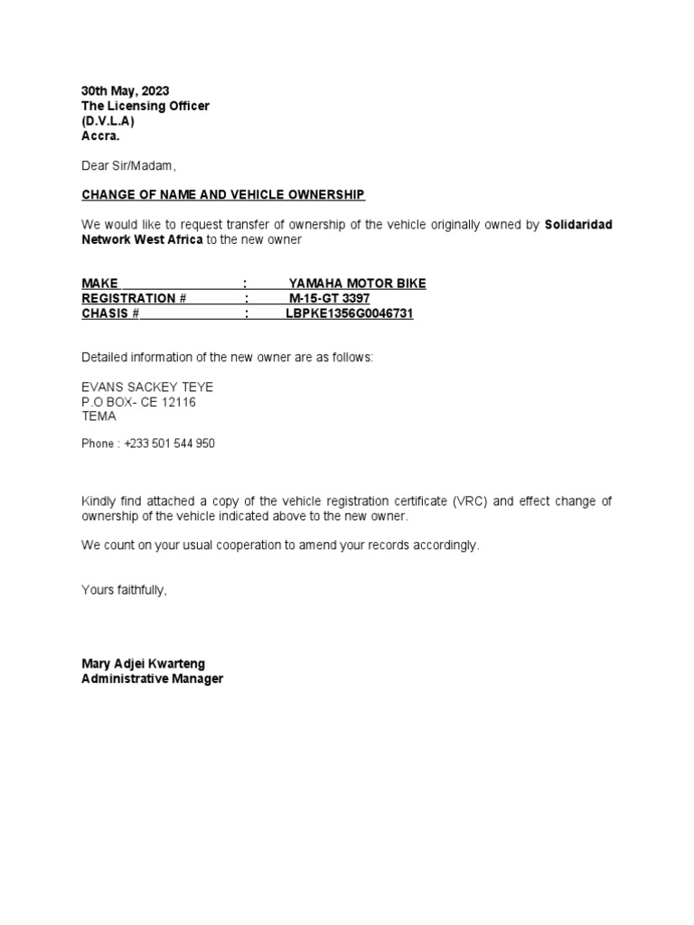 Change of Vehicle Ownership Request | PDF