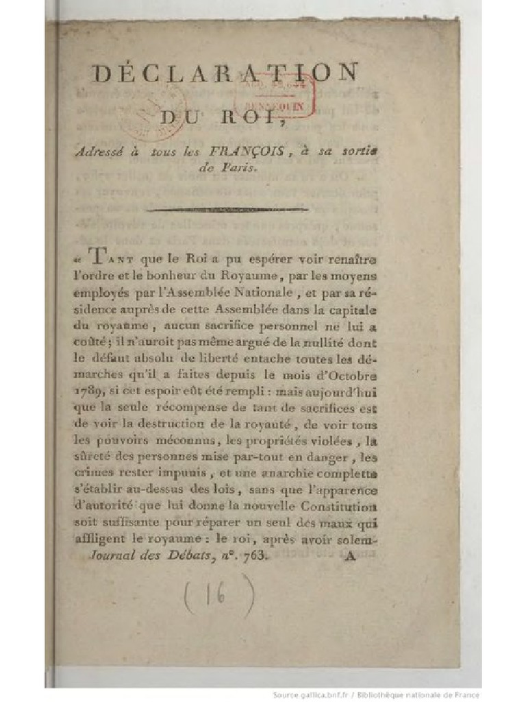 Déclaration Du Roi Adressée À Tous Les Français, À Sa Sortie de Paris ...