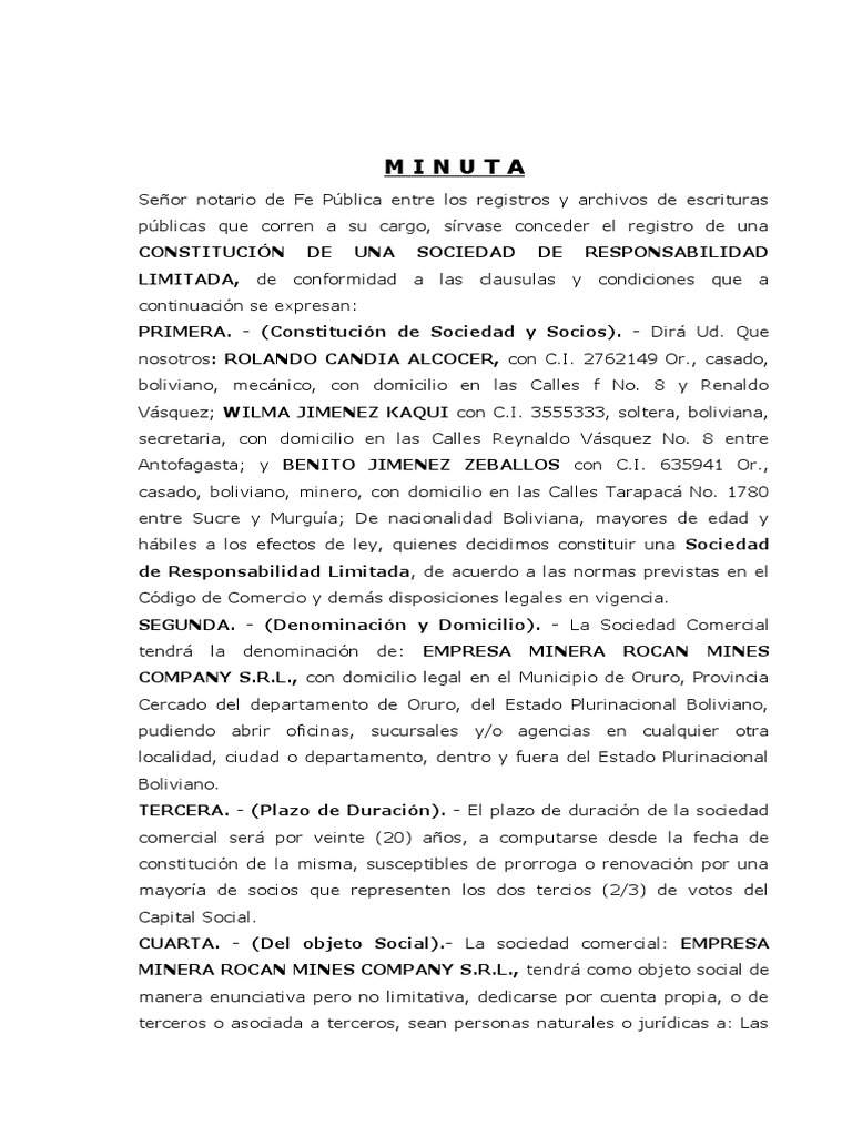 Minuta de Cons. Emp. Rolando Candia S.R.L | PDF | Minería | Sociedad de responsabilidad limitada
