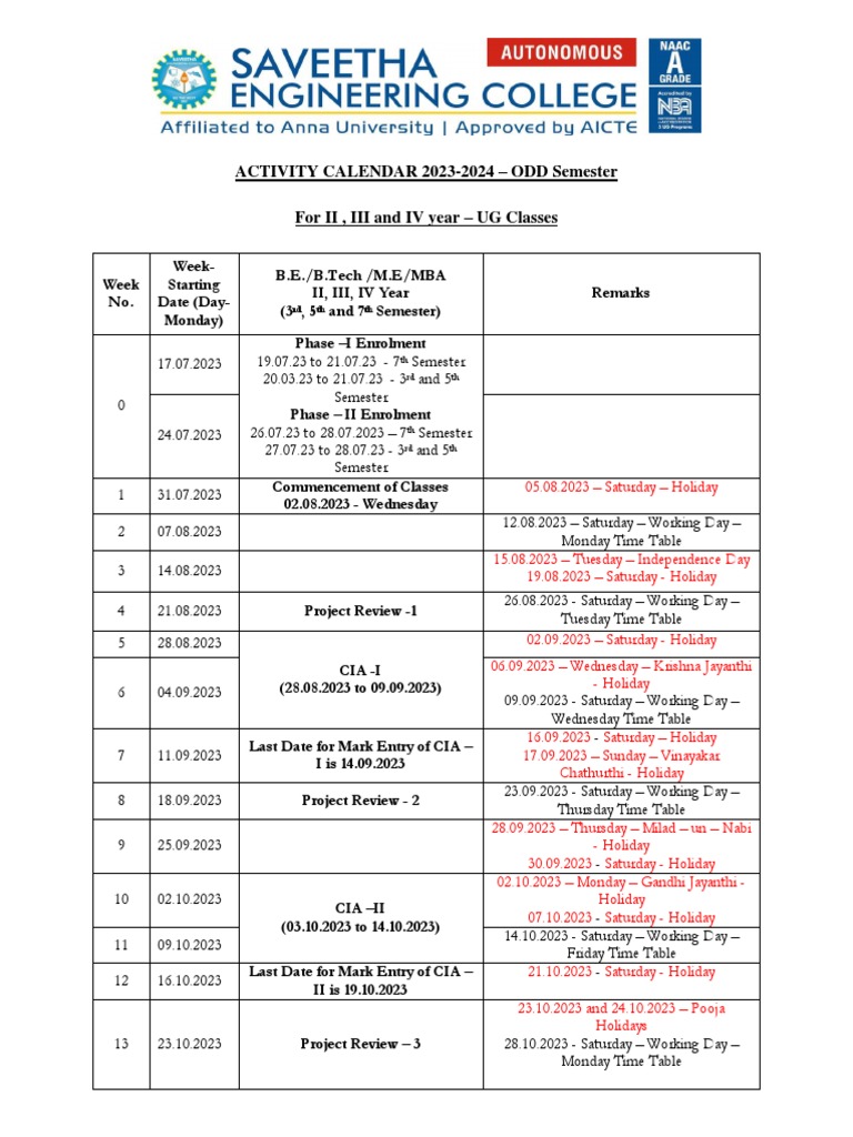 ACTIVITY CALENDAR 2023-2024 - Odd Semester - 3rd 5th and 7th Semester - UG | PDF | Academic Term ...