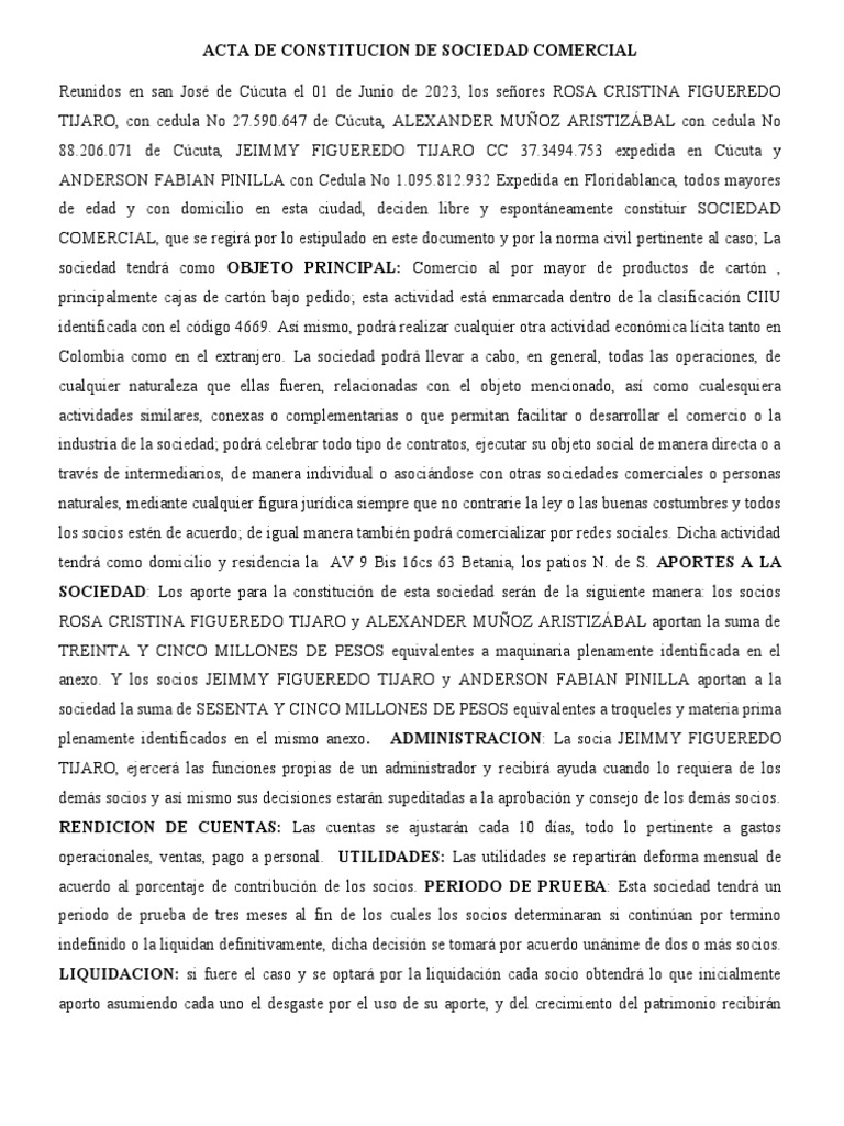 Acta de Constitucion de Sociedad Comercial | PDF | Sociedad de responsabilidad limitada | Sociedad