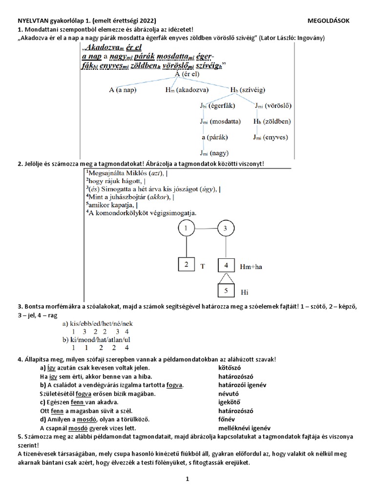 Gyakorlolap1 Emelt NYELVTAN Megoldas | PDF