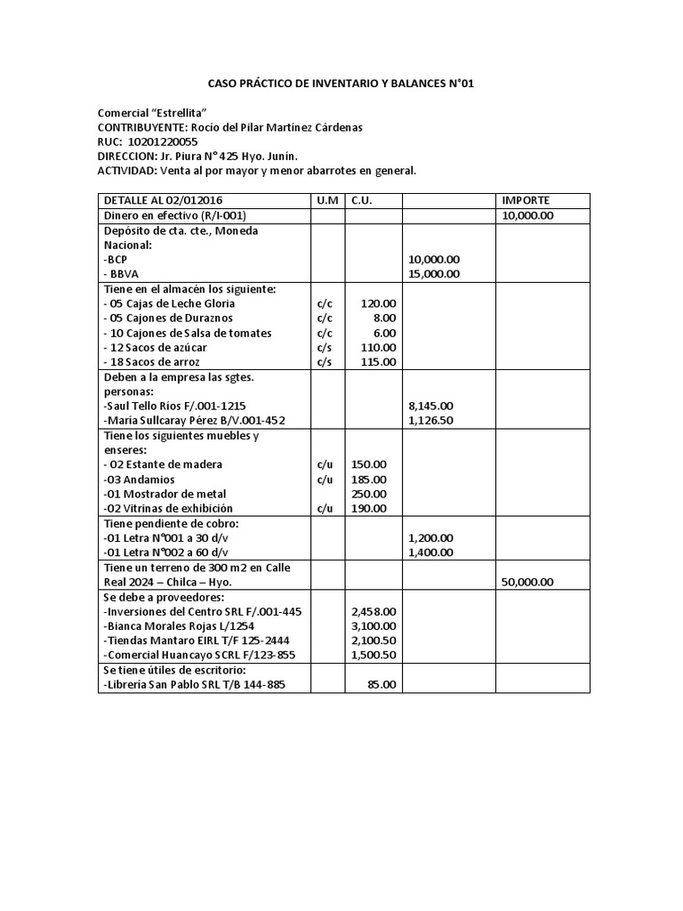 Caso Practico de Inventario y Balances U | PDF