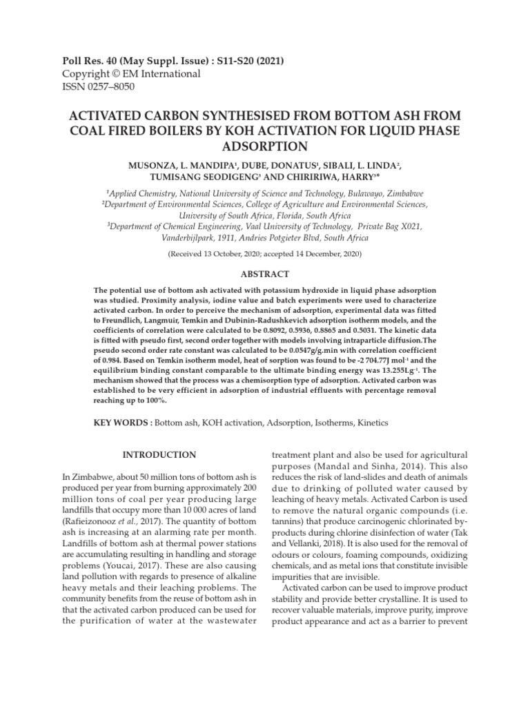 Activated Carbon Synthesised From Bottom Ash From Coal Fired Boilers by Koh Activation For ...