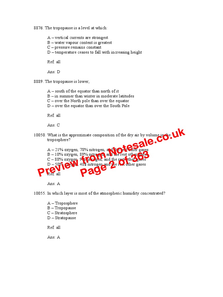 ATPL 500 Meteorology Questions | PDF | Troposphere | Fog