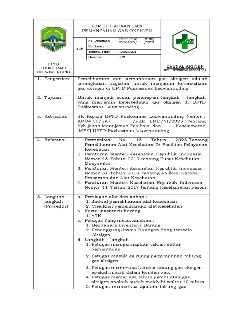 Sop Pemeliharaan Dan Pemantauan Gas Oksigen | PDF
