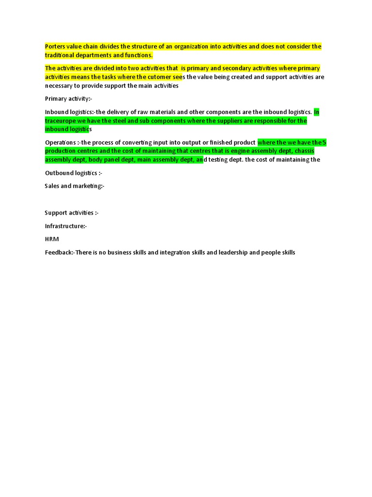 Porters Value Chain Divides The Structure of An Organization Into ... Porters Value Chain Divides The Structure of An Organization Into ...