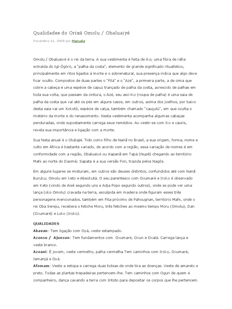 Qualidades do Orixá Omolu/Obaluaiyé | PDF | Santeria | Divindades