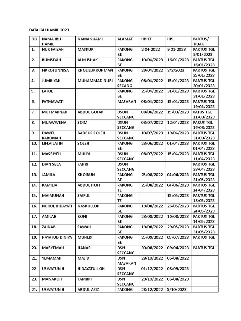 Data Ibu Bersalin + Ibu Hamil 2023 Pakong | PDF