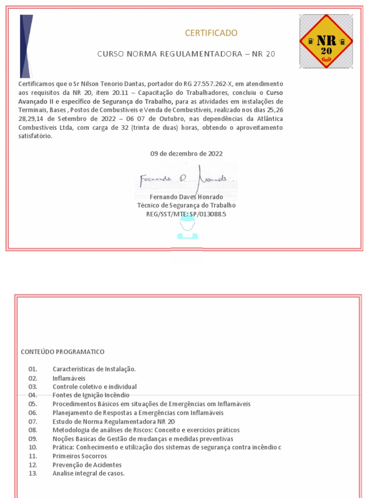 Certificado NR 20 Dantas | PDF