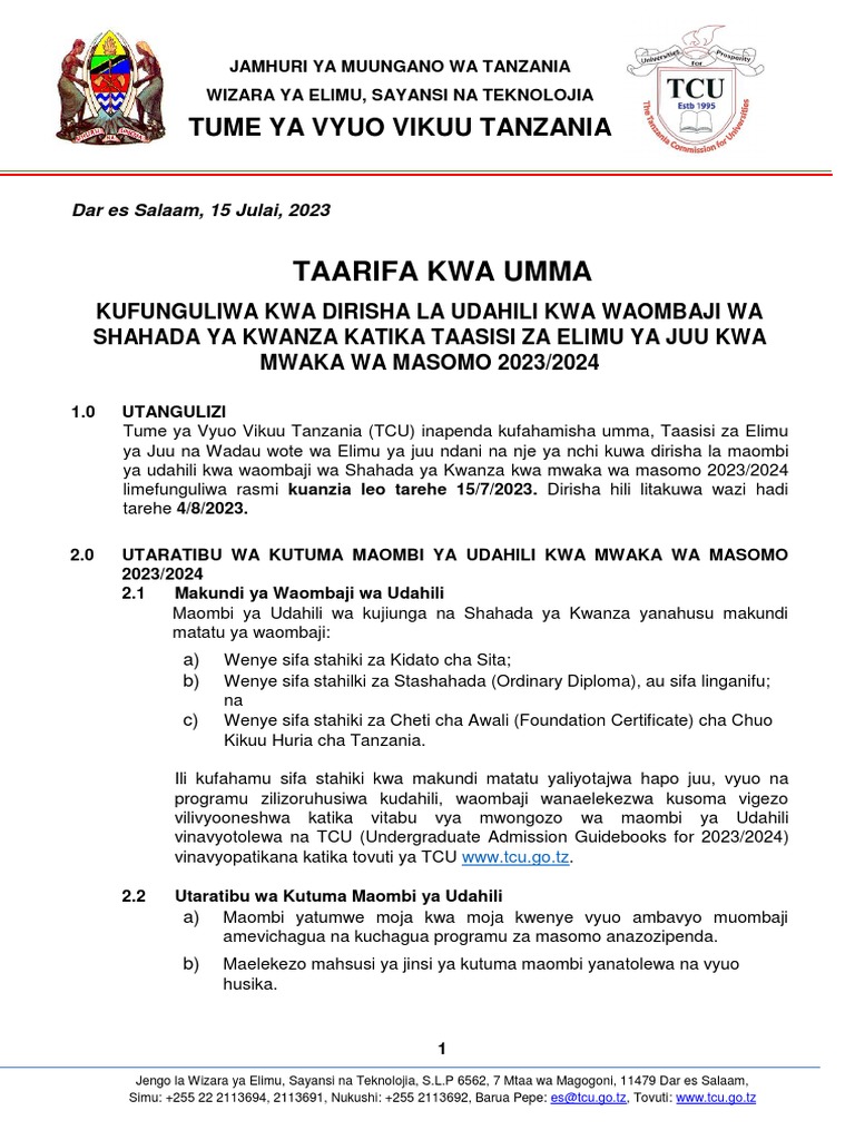 Kufunguliwa Kwa Dirisha La Kwanza La Udahili Mwaka Wa Masomo 2023 2024 ...