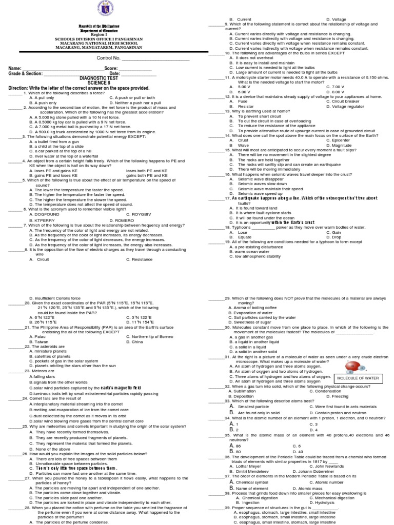 Science 8 Diagnostic Test Questions | PDF | Genotype | Chemical Elements