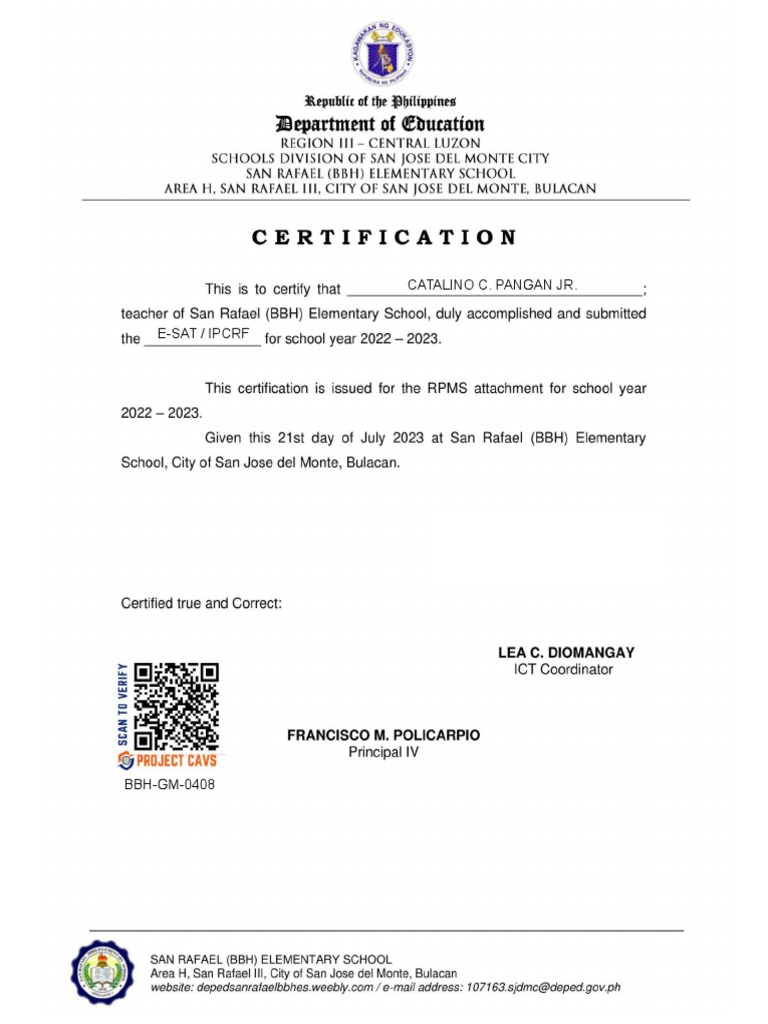 CATALINO C. PANGAN JR. ESAT ICT Certification | PDF