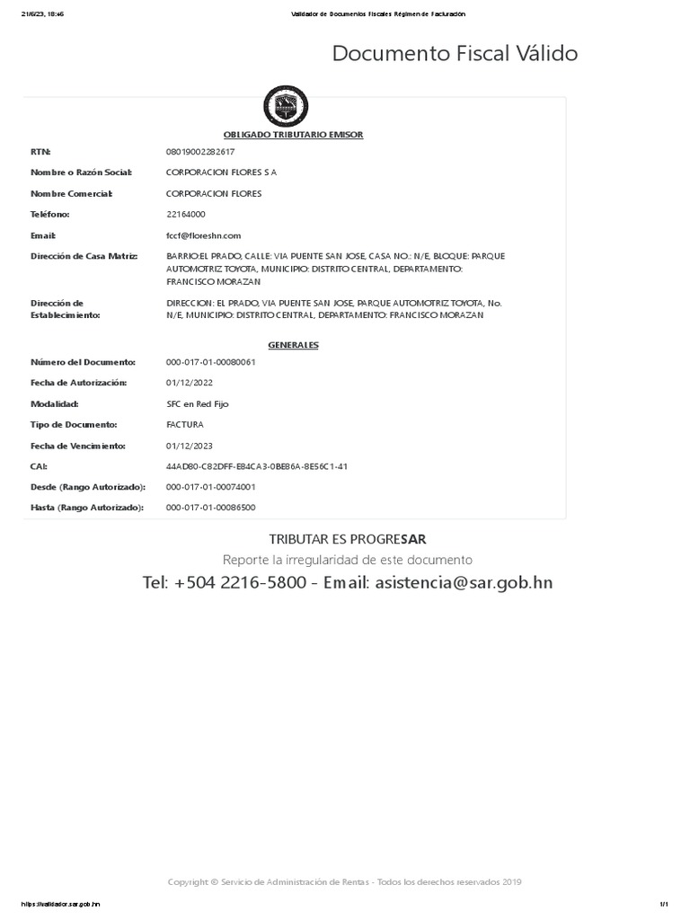 Validador SAR Corporación Flores | PDF