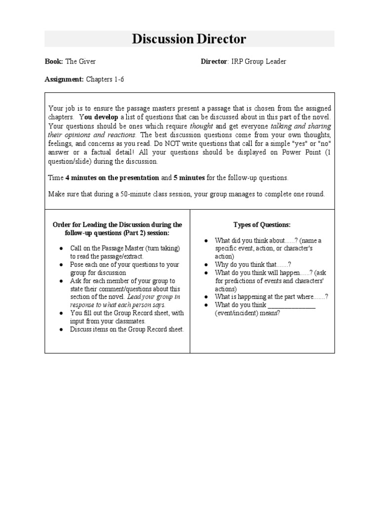 Literature Circle The Giver 2023 | PDF | The Giver | Cognition