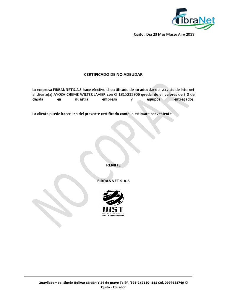 Certificado de No Adeudar Ayoza Cheme Wilter Javier | PDF