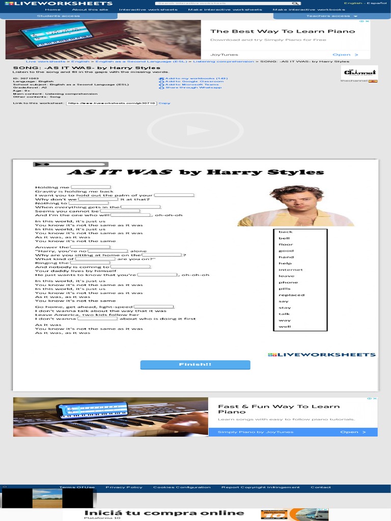 SONG - AS IT WAS - by Harry Styles Worksheet | PDF