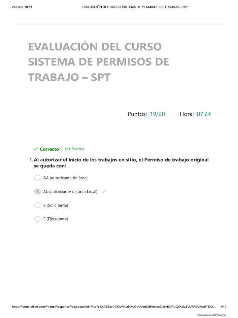 EVALUACIÓN DEL CURSO SISTEMA DE PERMISOS DE TRABAJO – SPT Alva ... EVALUACIÓN DEL CURSO SISTEMA DE PERMISOS DE TRABAJO – SPT Alva ...