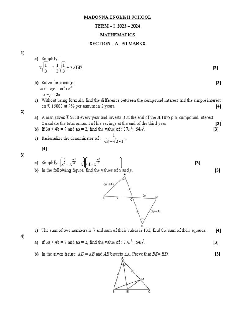 Madonna English School Question Paper Maths Class Ix Term - I 2023 - 2024 | PDF | Area | Triangle