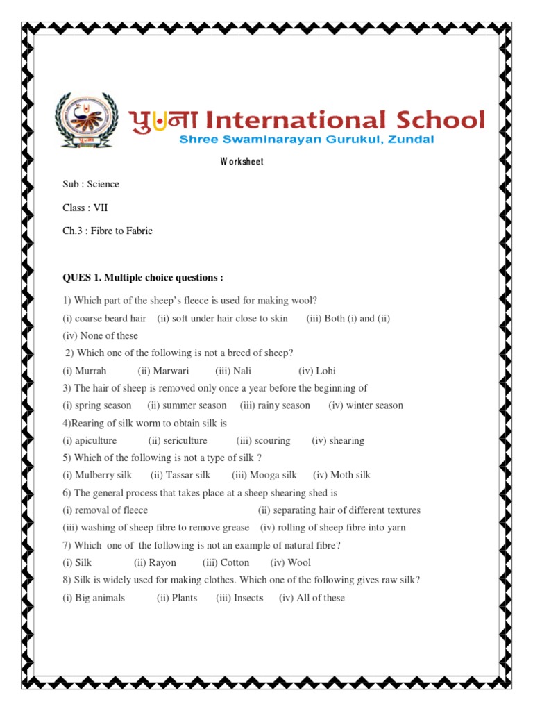 Class 7 - Science - Worksheet Ch. 3 & 4 | PDF | Wool | Silk