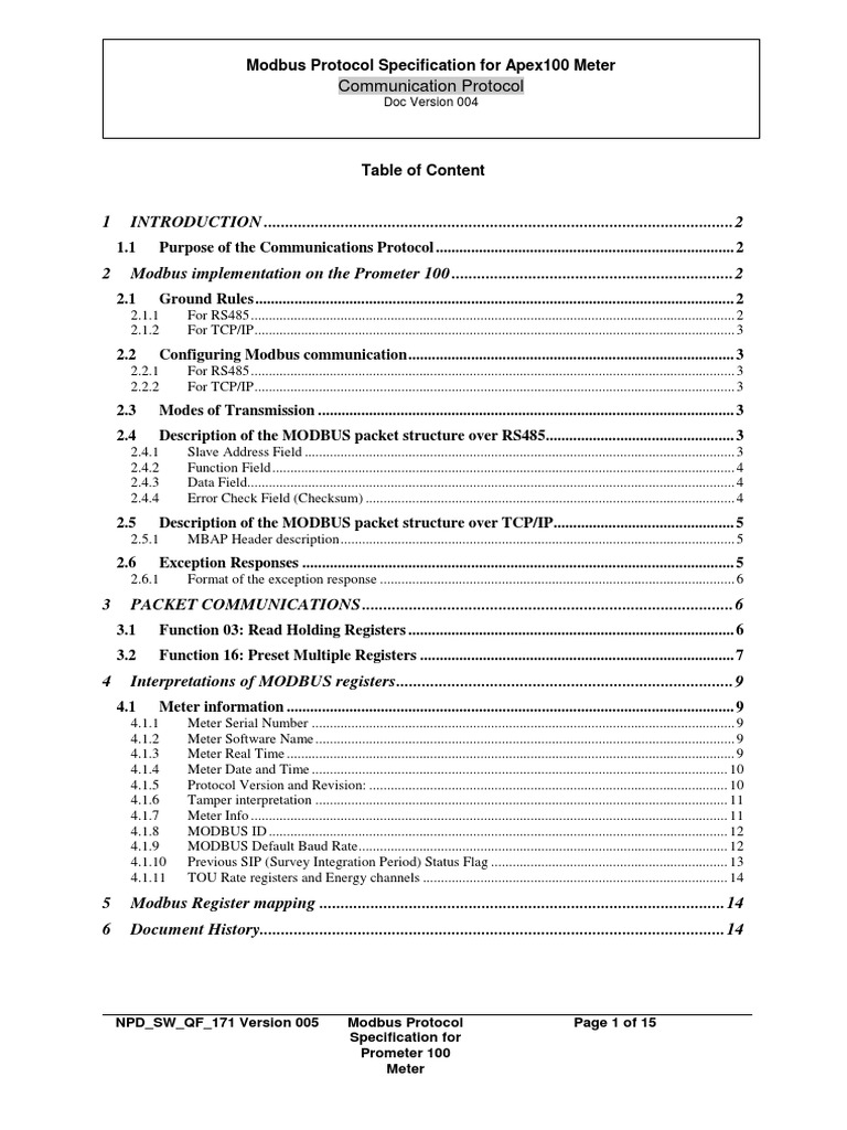 Modbus Protocol Specification For Prometer 100 | PDF | Transmission ...