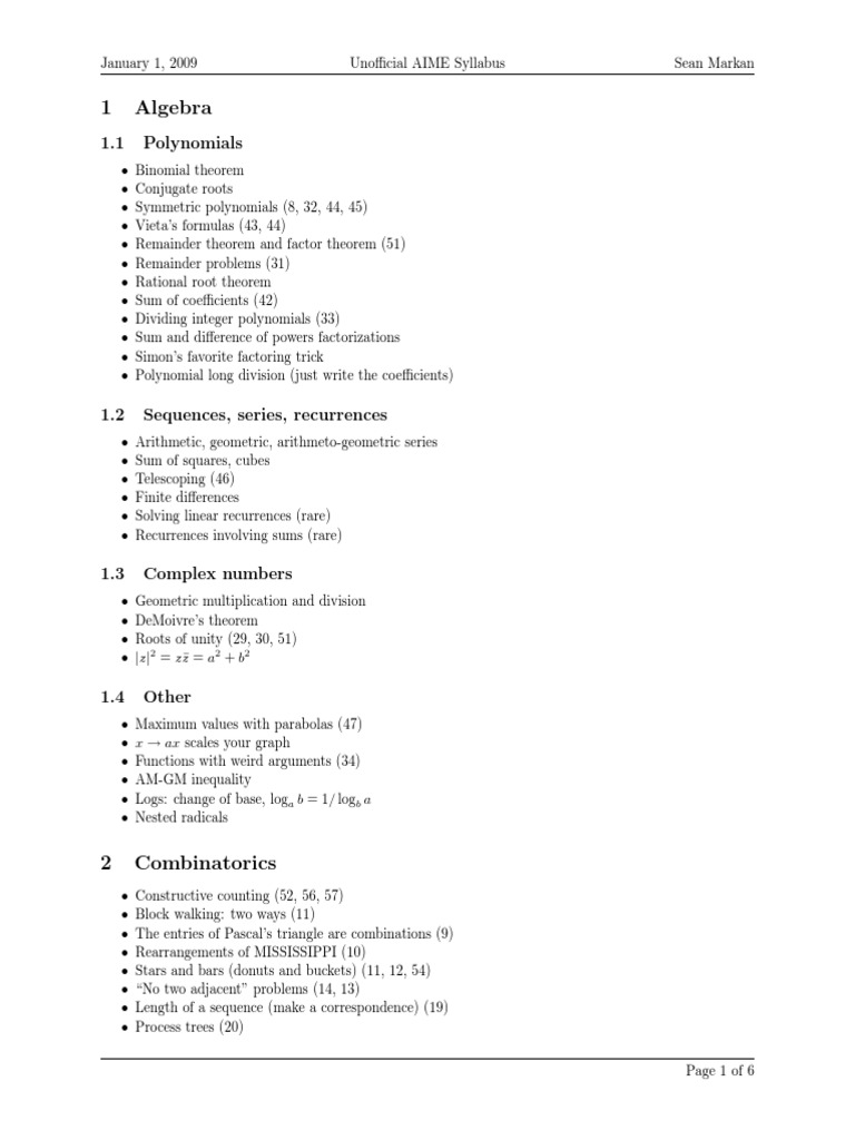 Unofficial AIME Syllabus Overview | PDF | Factorization | Triangle