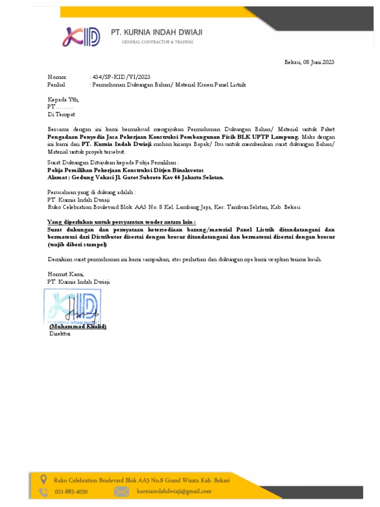 Permohonan Surat Dukungan Bahan PANEL LISTRIK | PDF