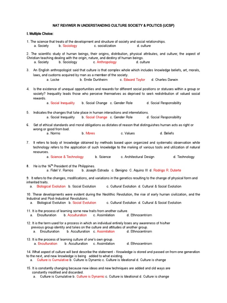 Ucsp-Nat-Reviewer 1-With-Key-Answer | PDF | Science | Society