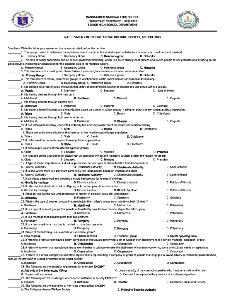 Ucsp-Nat-Reviewer2-With Key-Answer | PDF | Kinship | Marriage