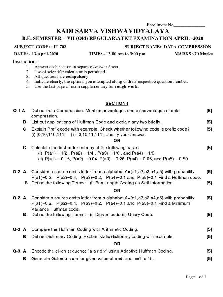 Data Compression Exam Paper 2020 | PDF | Data Compression | Computer Science