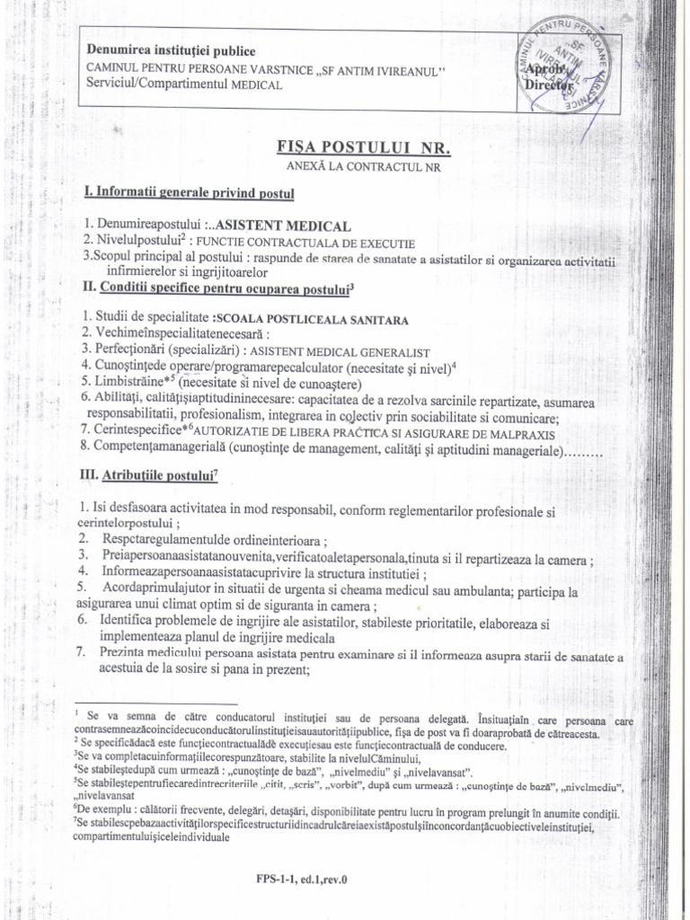 Fișă Post Asistent Medical | PDF