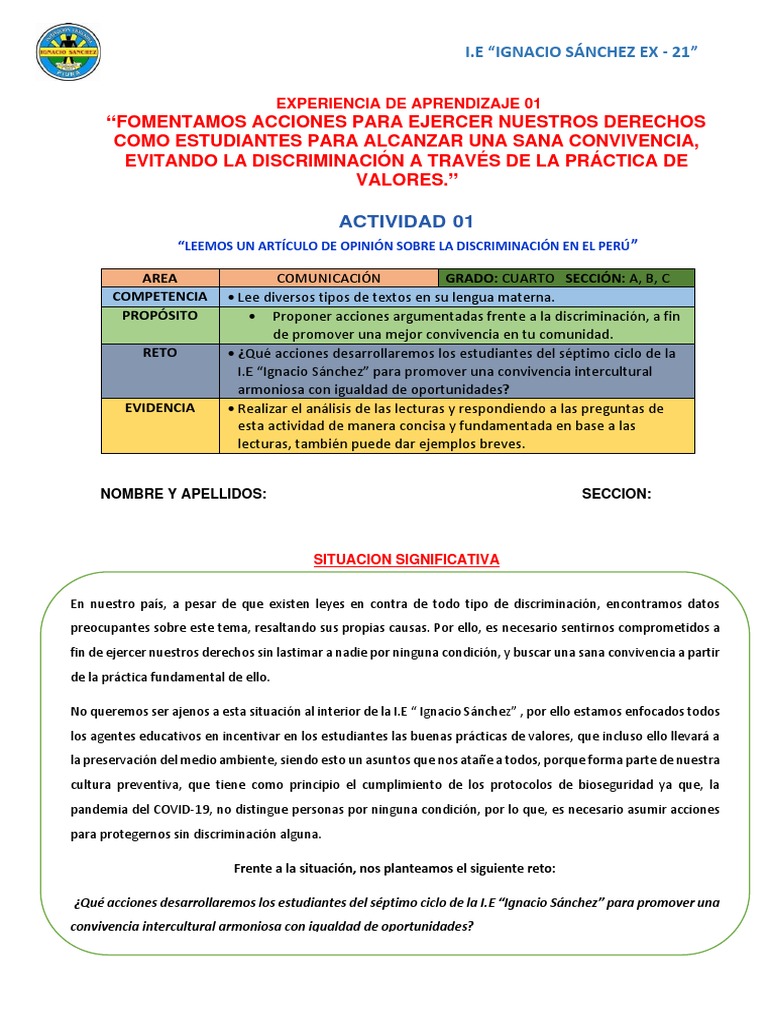 Ficha de Actividad 01 - Cuarto - A - B - C | PDF | Racismo | Discriminación y relaciones raciales