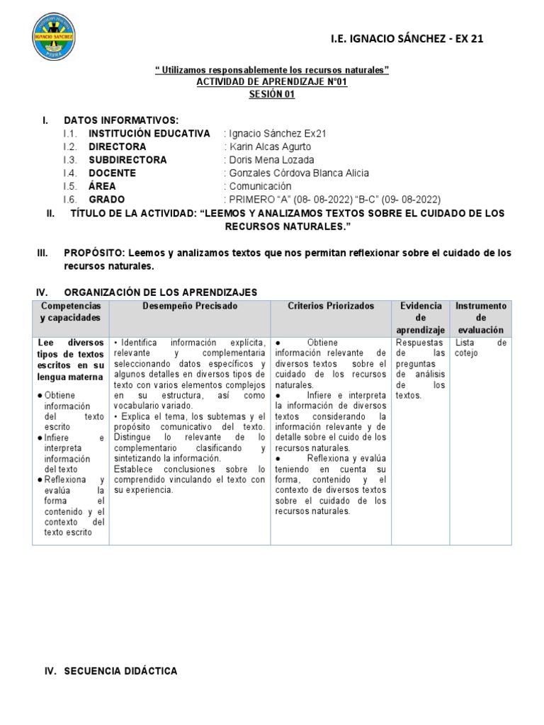 Sesion 01 de La Actividad 1 - PRIMERO - EX.4 | PDF | Aprendizaje | Evaluación
