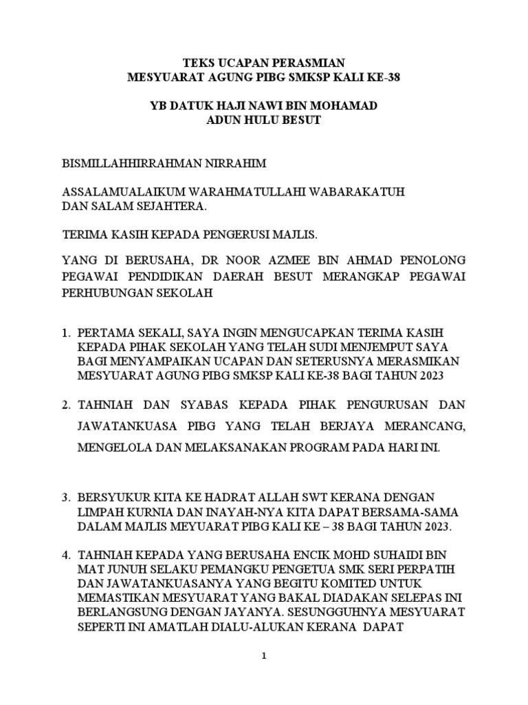 Teks Ucapan Perasmi PIBG | PDF