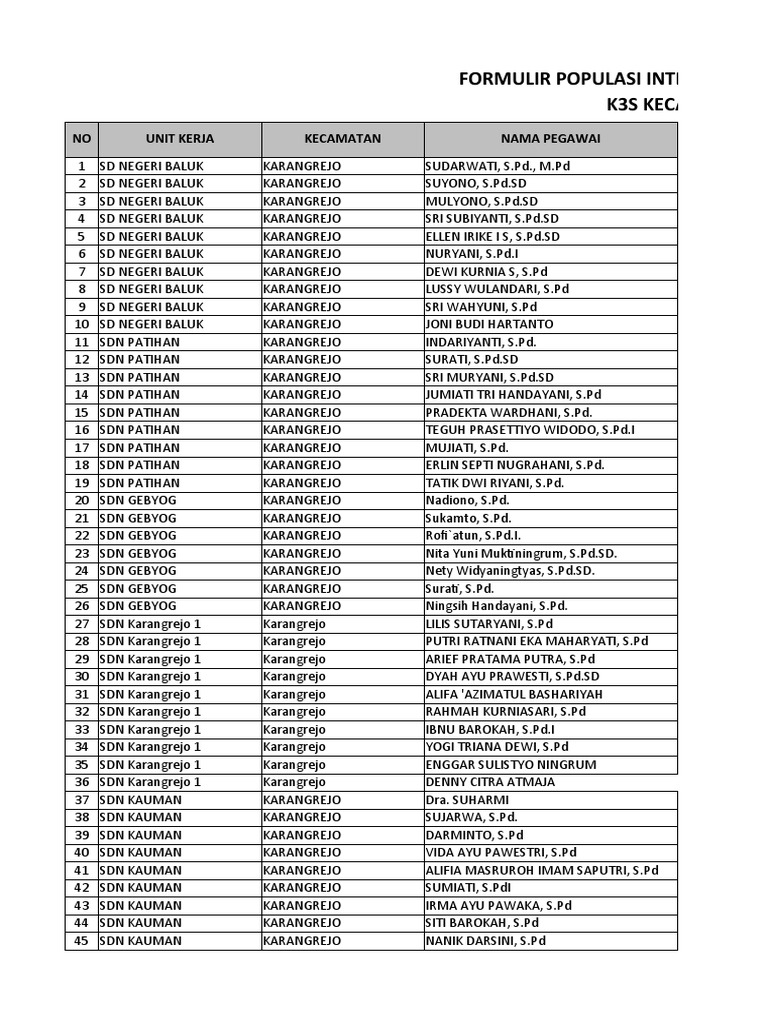 Rekap Form Data Survey E-Spi K3S Kecamatan Karangrejo | PDF