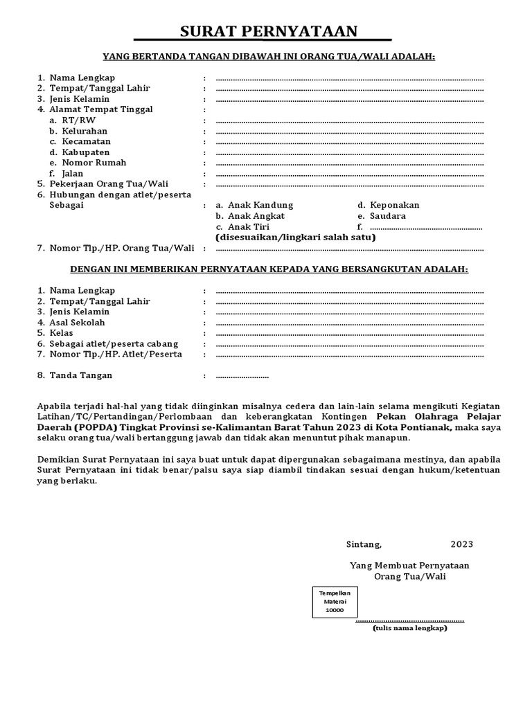 SURAT PERNYATAAN WALI ATLET POPDA Kalbar 2023 | PDF