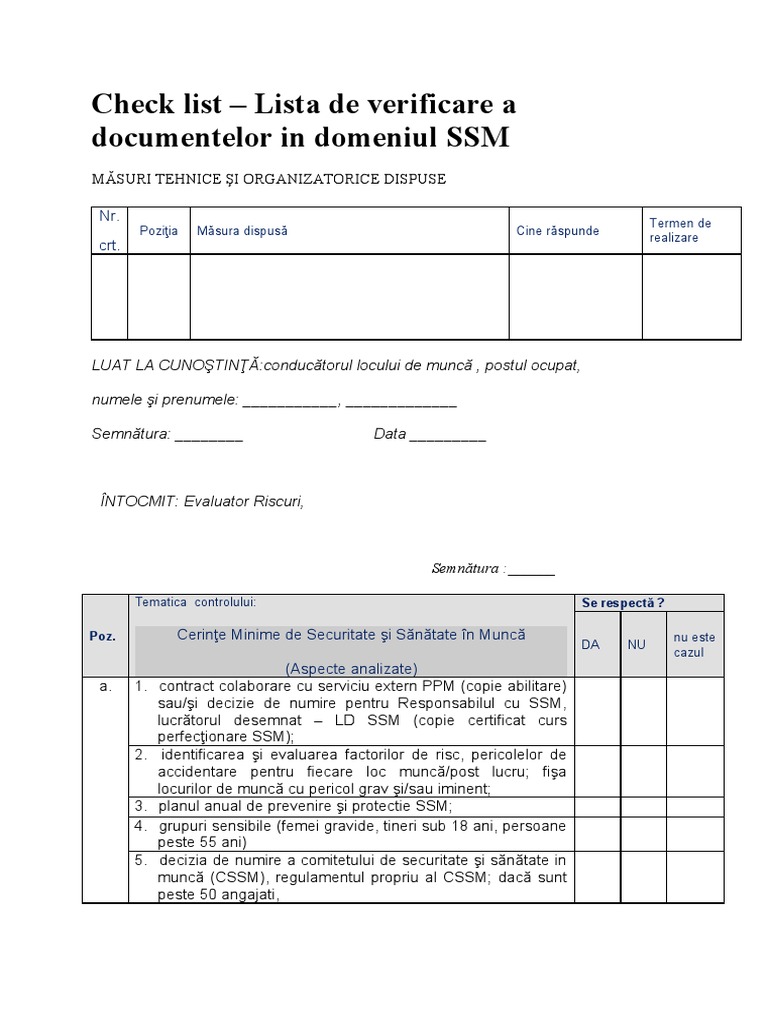 Check List - Lista de Verificare A Documentelor in Domeniul SSM | PDF